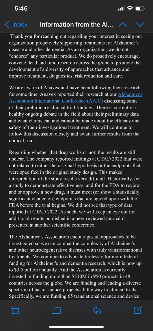 Anavex Life Sciences Corp (AVXL): Response from the Alzheimer's Associ...